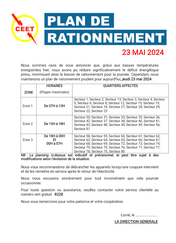 La CEET communique le plan de rationnement de ce jeudi - GAPOLA