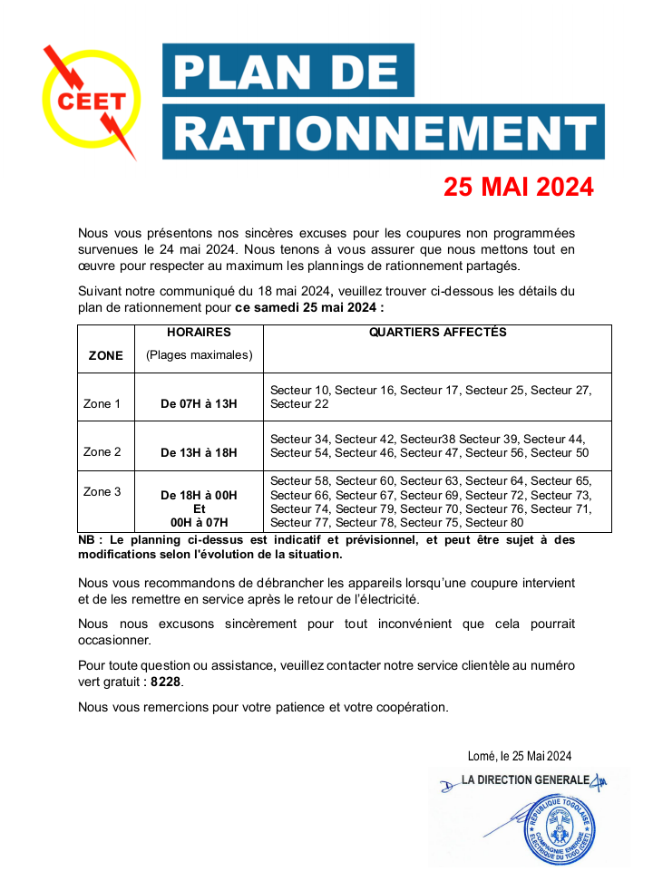 La CEET communique le plan de rationnement de ce samedi - GAPOLA